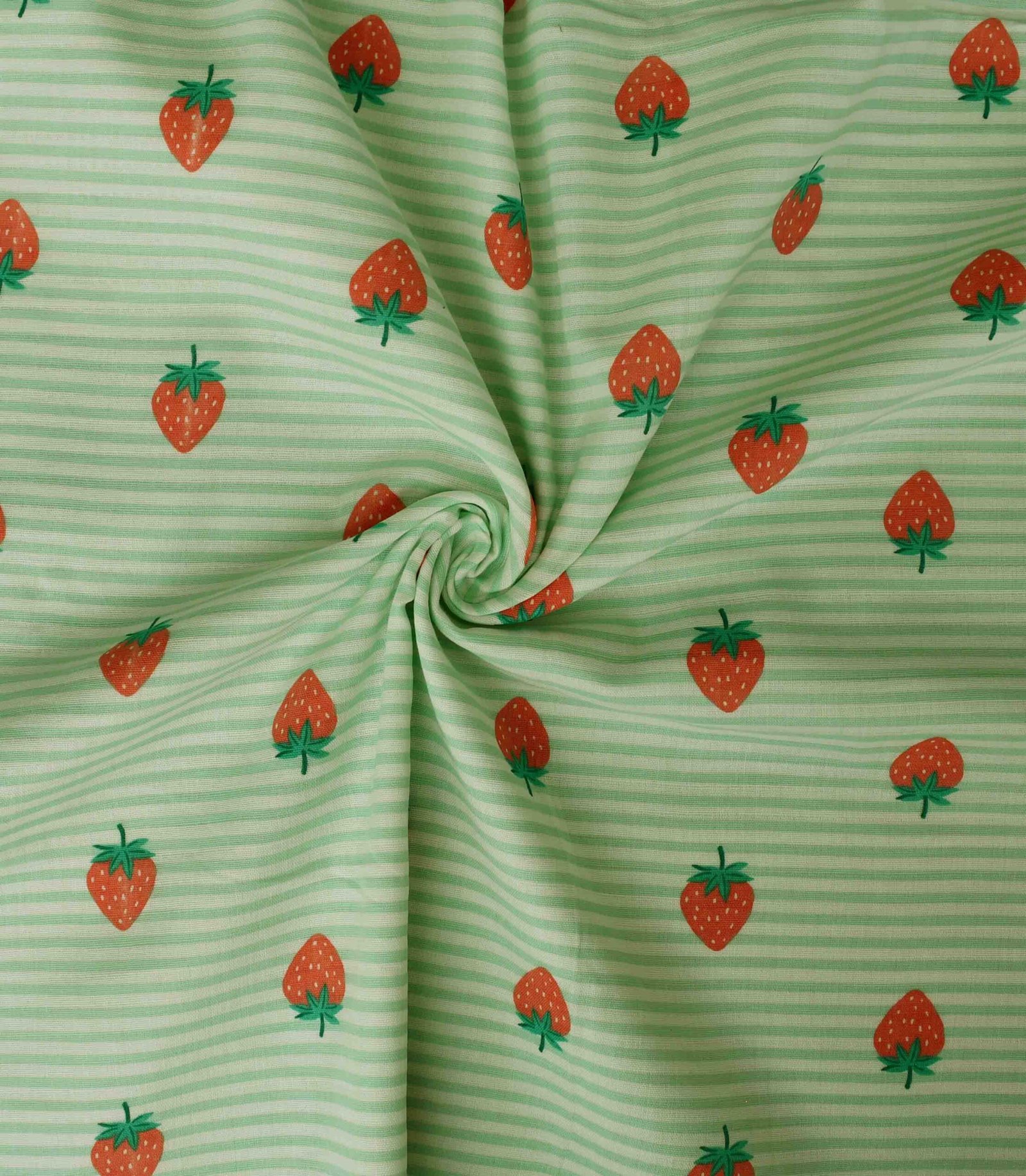 Cotton Green Stripe Strawberry Print Fabric (FC-DEPL3080) - Dinesh Exports